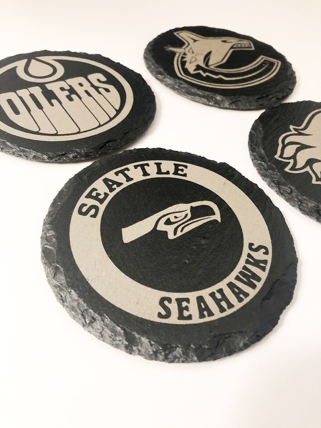 Sports Team Laser Engraved Slate Coasters - Seahawks - Oilers - Canucks ...