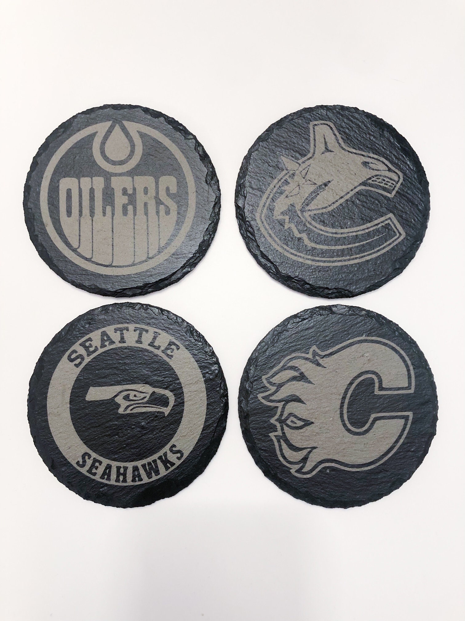 Sports Team Laser Engraved Slate Coasters - Seahawks - Oilers - Canucks ...