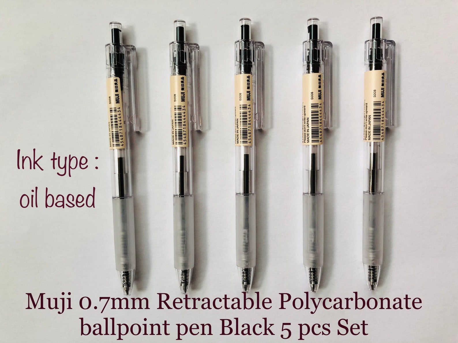 MUJI 0.7mm Retractable Polycarbonate Ballpoint Pen Black 5 Pcs Set Oil ...