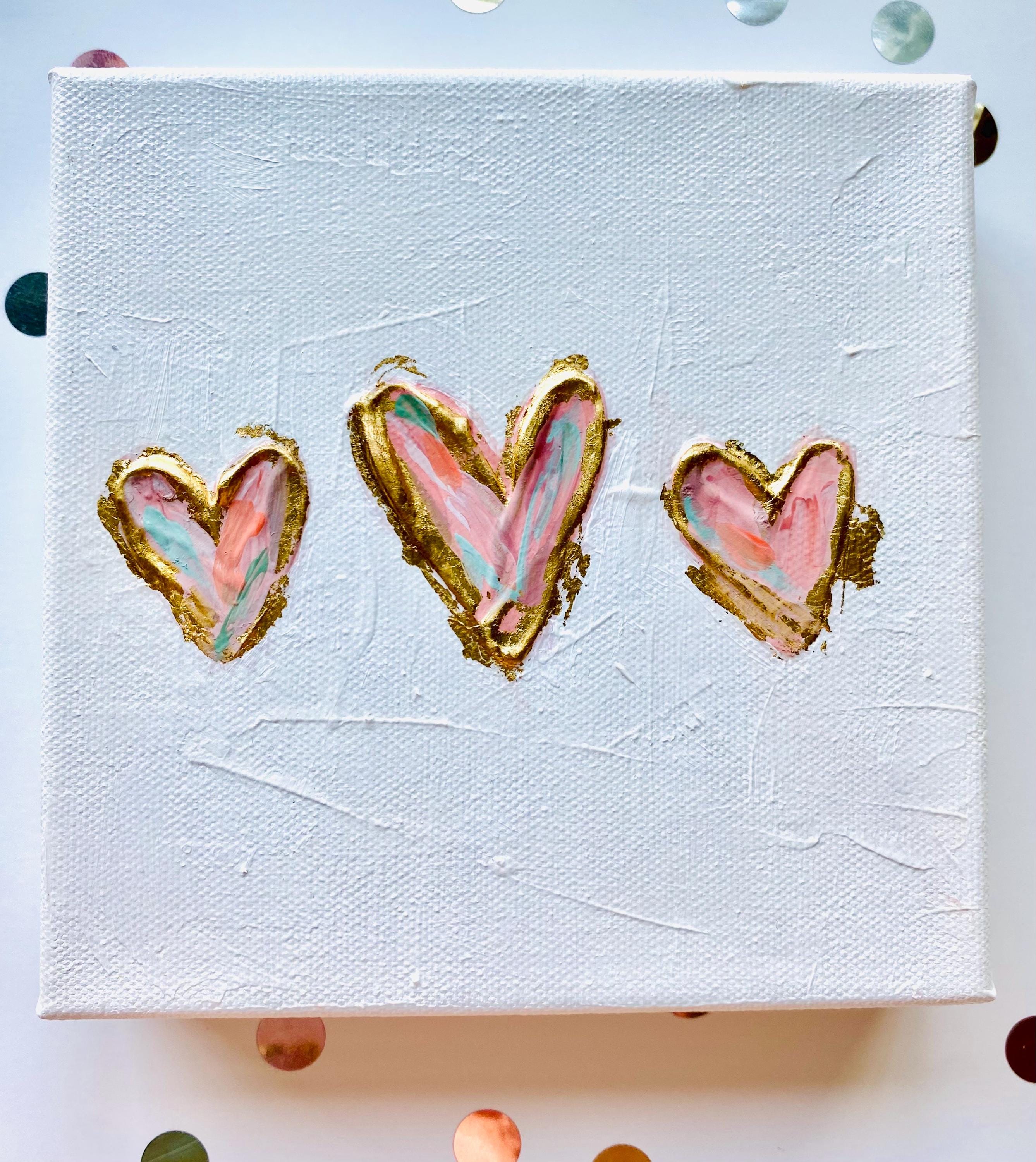 COLORFUL THREE HEARTS Painting | Muted Heart Small Canvas | Valentine's ...