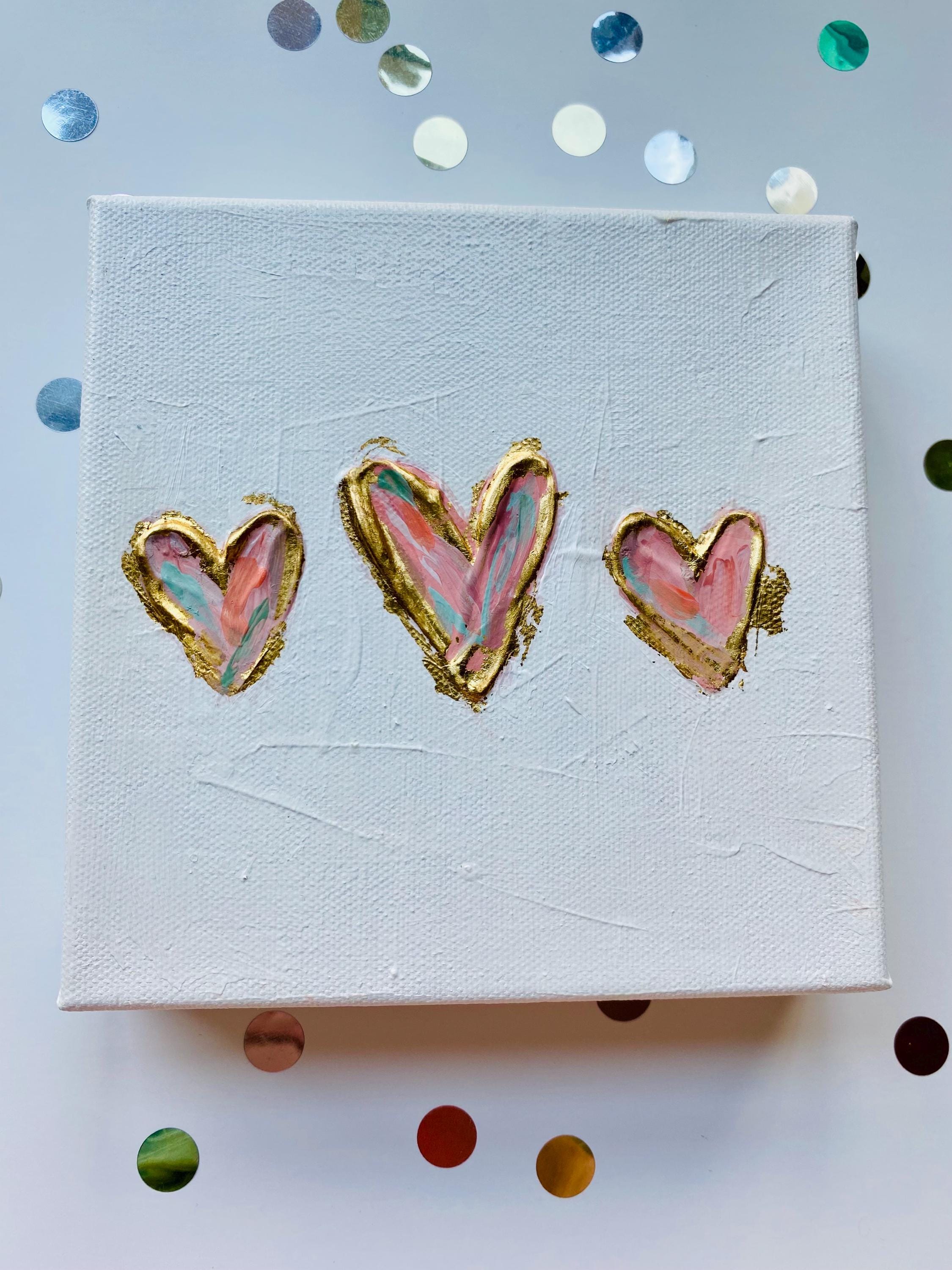 COLORFUL THREE HEARTS Painting | Muted Heart Small Canvas | Valentine's ...