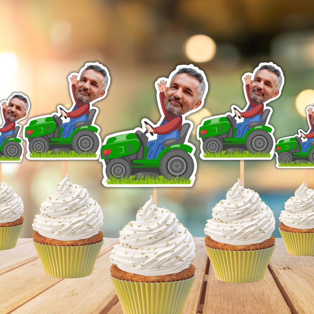 Lawn Mower Head Photo Birthday Cupcake Toppers Personalised ...