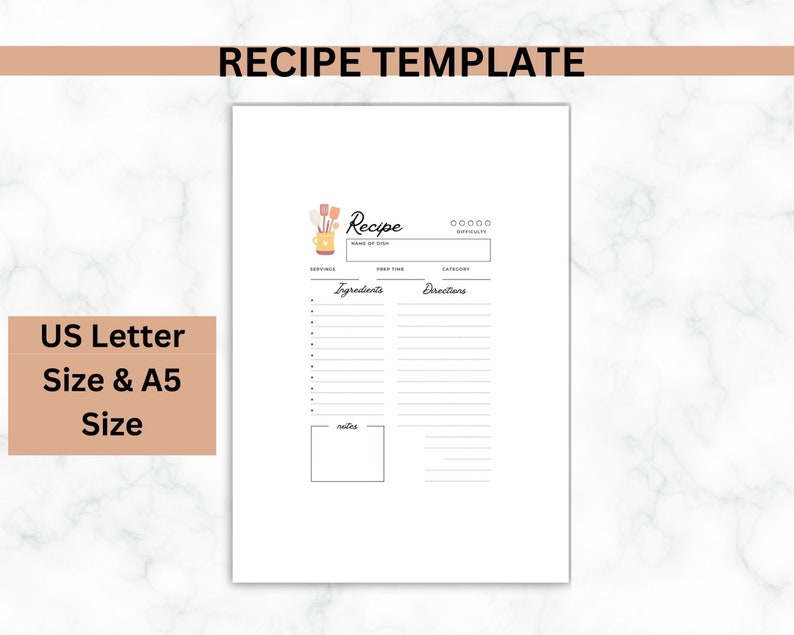 RECIPE & COOKBOOK TEMPLATE Printable A5 Journal Page Recipe Instruction ...