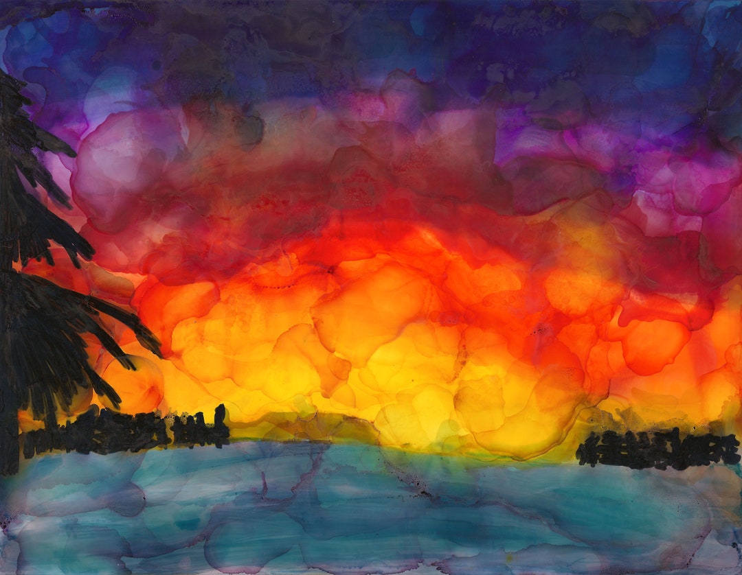 Abstract Sunset Alcohol Ink Painting | Twilight Landscape Art - Etsy