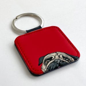 Square Key Ring, Round Key Holder, Dog Lover Tag, Adorable Pug Peeking, Westie Peeking - Add ...