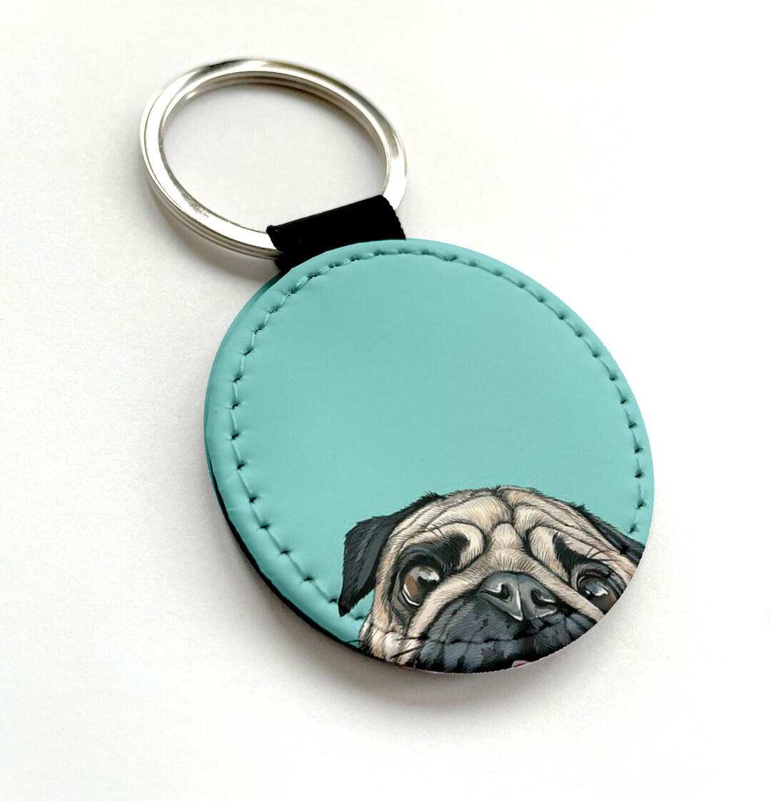 Square Key Ring, Round Key Holder, Dog Lover Tag, Adorable Pug Peeking ...
