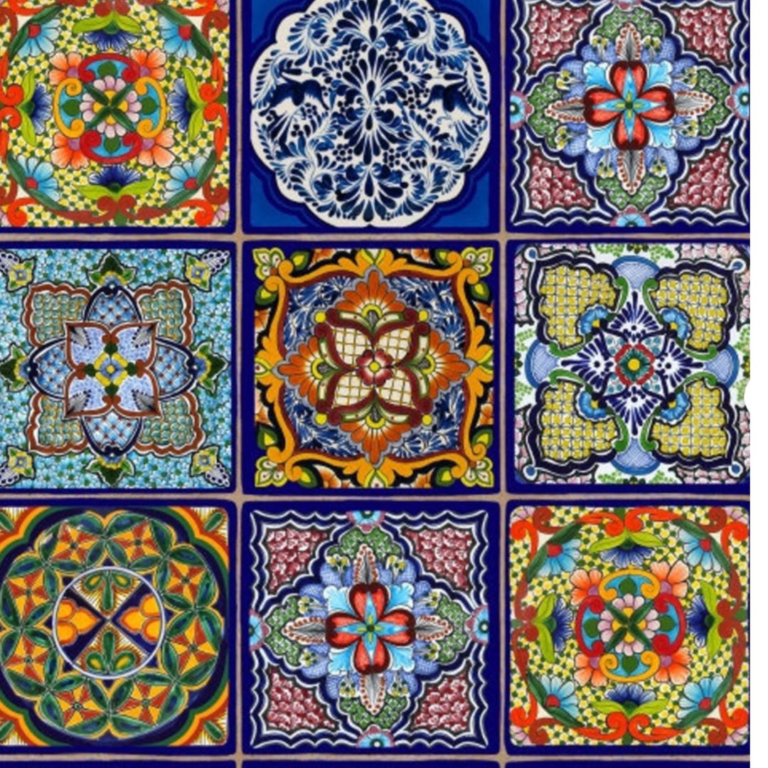 Fiesta Painted Tiles Talavera Design Fabric Panels by Elizabeth's ...