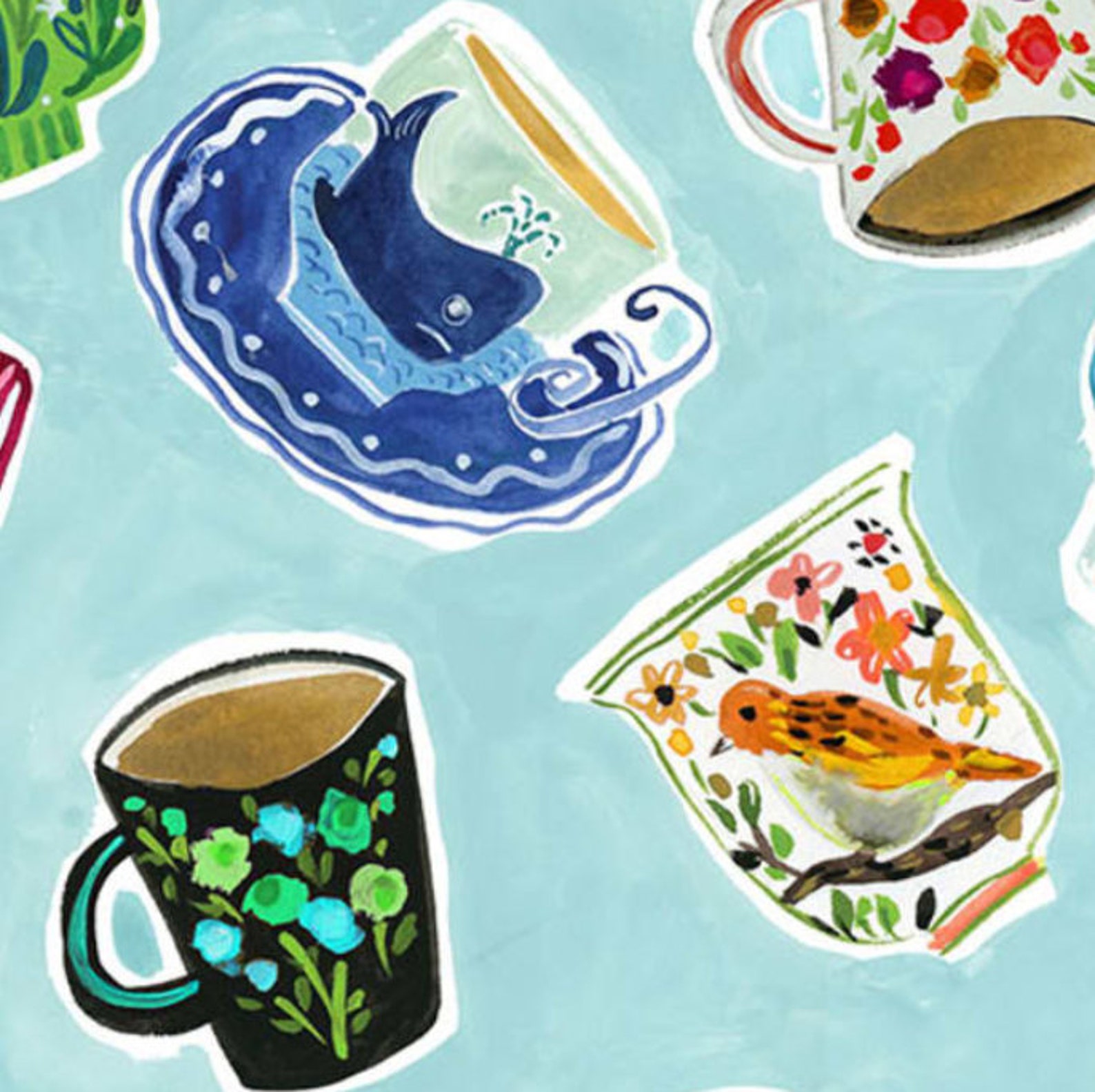 Retro Style Tea Cup and Coffee Mugs Tea Lovers Fabric Novelty - Etsy