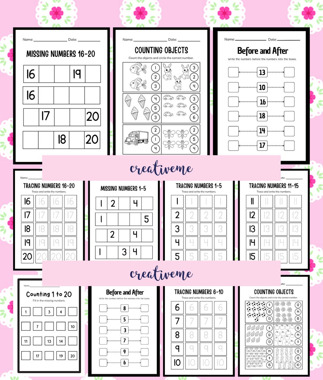 Numbers Tracing and Counting Worksheets: Missing Numbers, Before ...