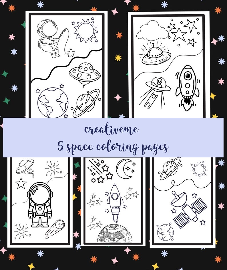 5 Space Coloring Pages for Kids. A4 Size Digital Downloads. Space ...
