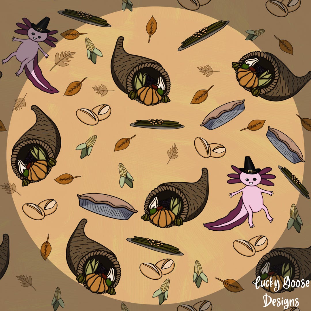 Hand-drawn Axolotl Thanksgiving Seamless Pattern | Apricot Cornucopia ...