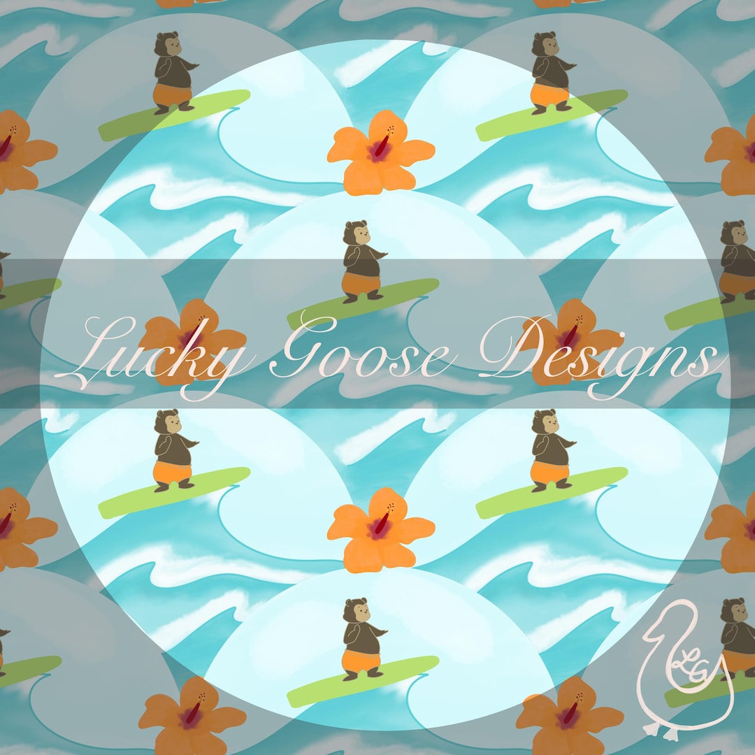 Surfing Bear Scallop Seamless Pattern – Hibiscus Connected Waves PNG ...