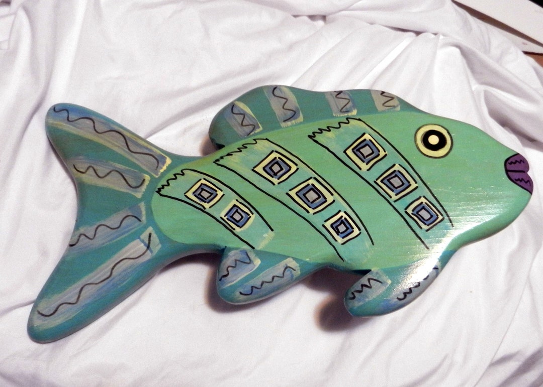 Hand Painted Wood Fish Wall Art Home Cabin Cottage Coastal Décor Blue ...