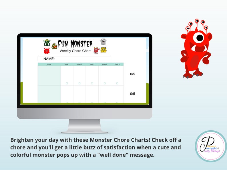 Fun Monster Chore Chart for Kids Google Sheets Spreadsheet Chore Tracker - Etsy