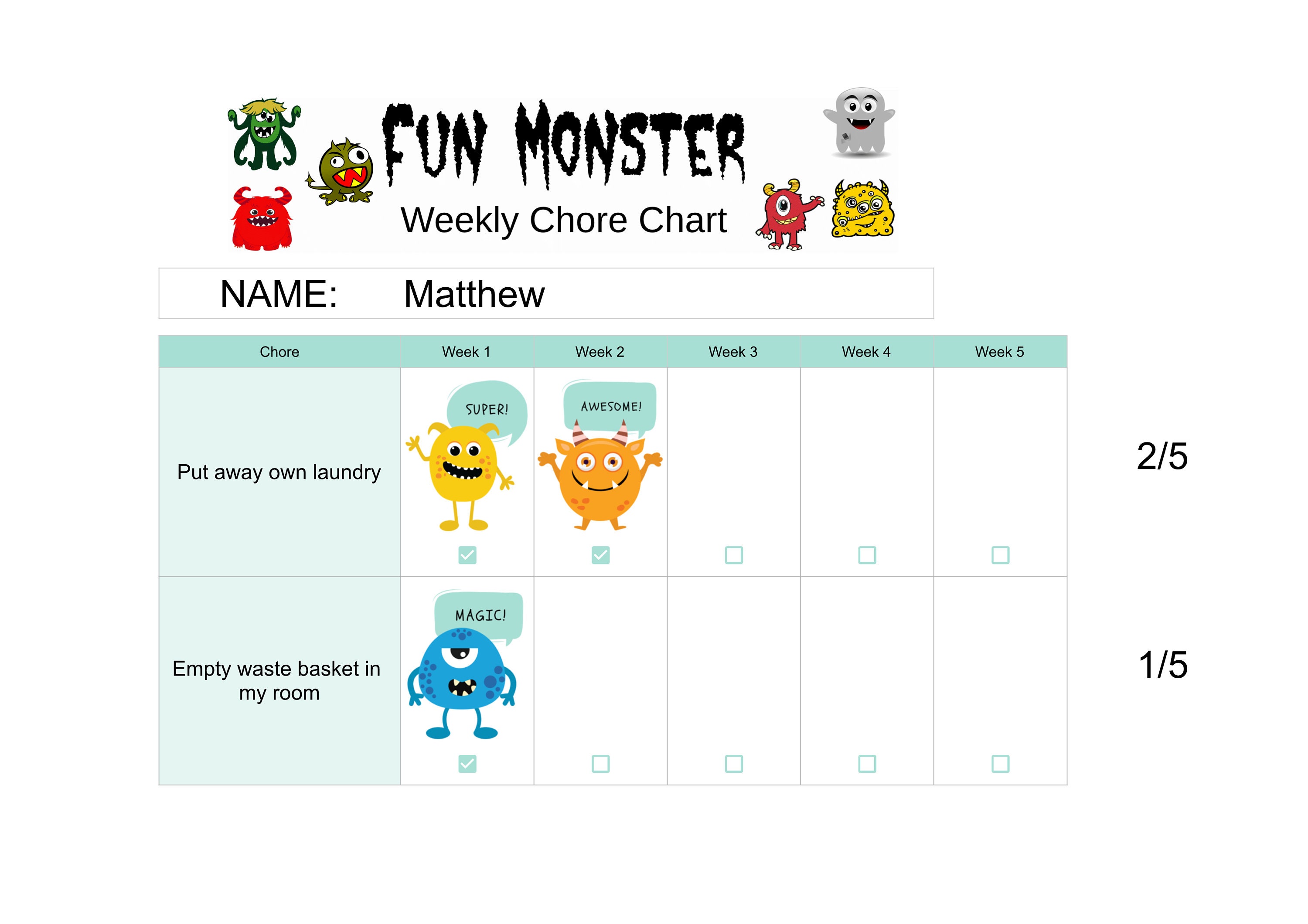 Fun Monster Chore Chart for Kids Google Sheets Spreadsheet Chore ...