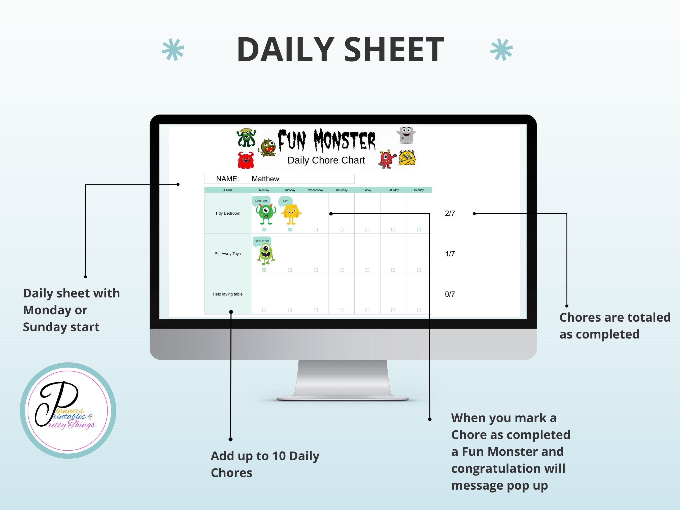 Fun Monster Chore Chart for Kids Google Sheets Spreadsheet Chore ...