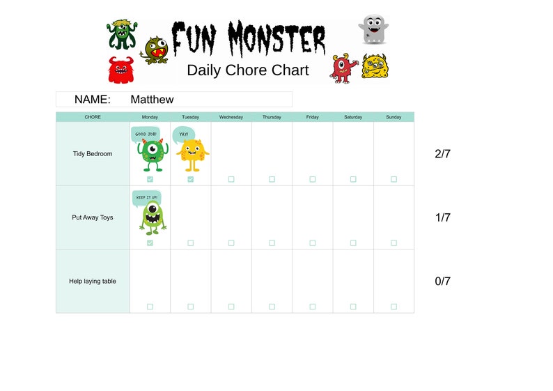 Fun Monster Chore Chart for Kids Google Sheets Spreadsheet Chore ...