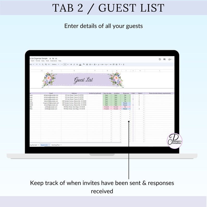 Wedding Guest List Organiser Spreadsheet Google Sheets - Etsy