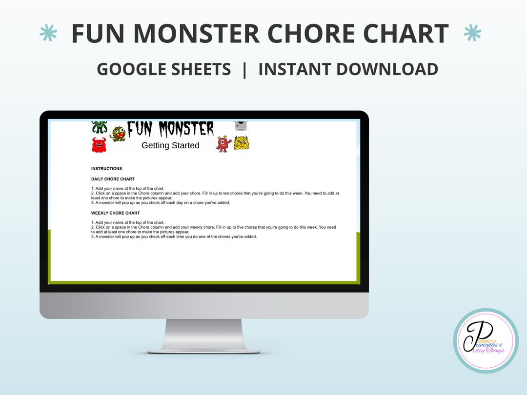 Fun Monster Chore Chart for Kids Google Sheets Spreadsheet Chore Tracker - Etsy