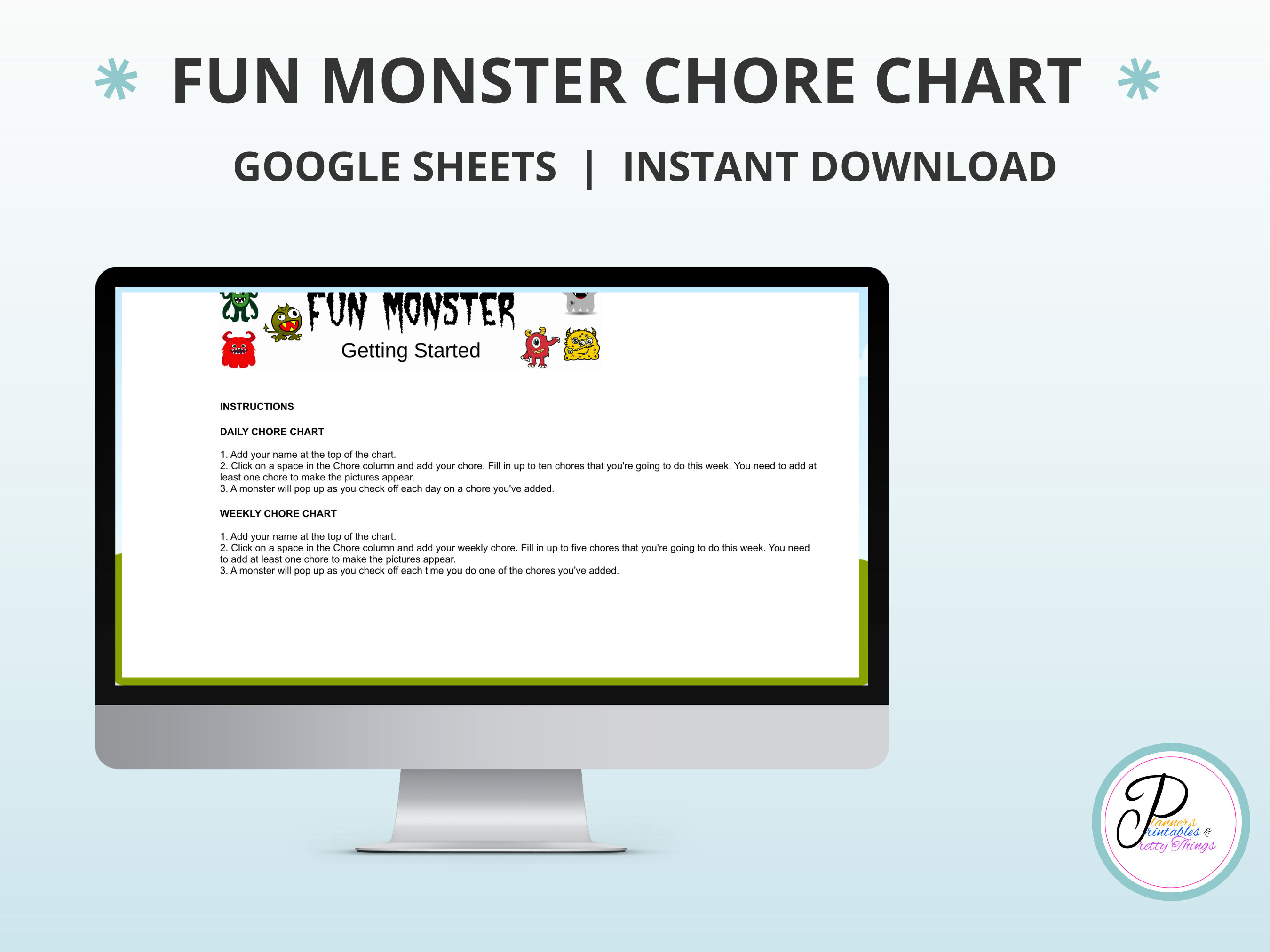 Fun Monster Chore Chart for Kids Google Sheets Spreadsheet Chore ...