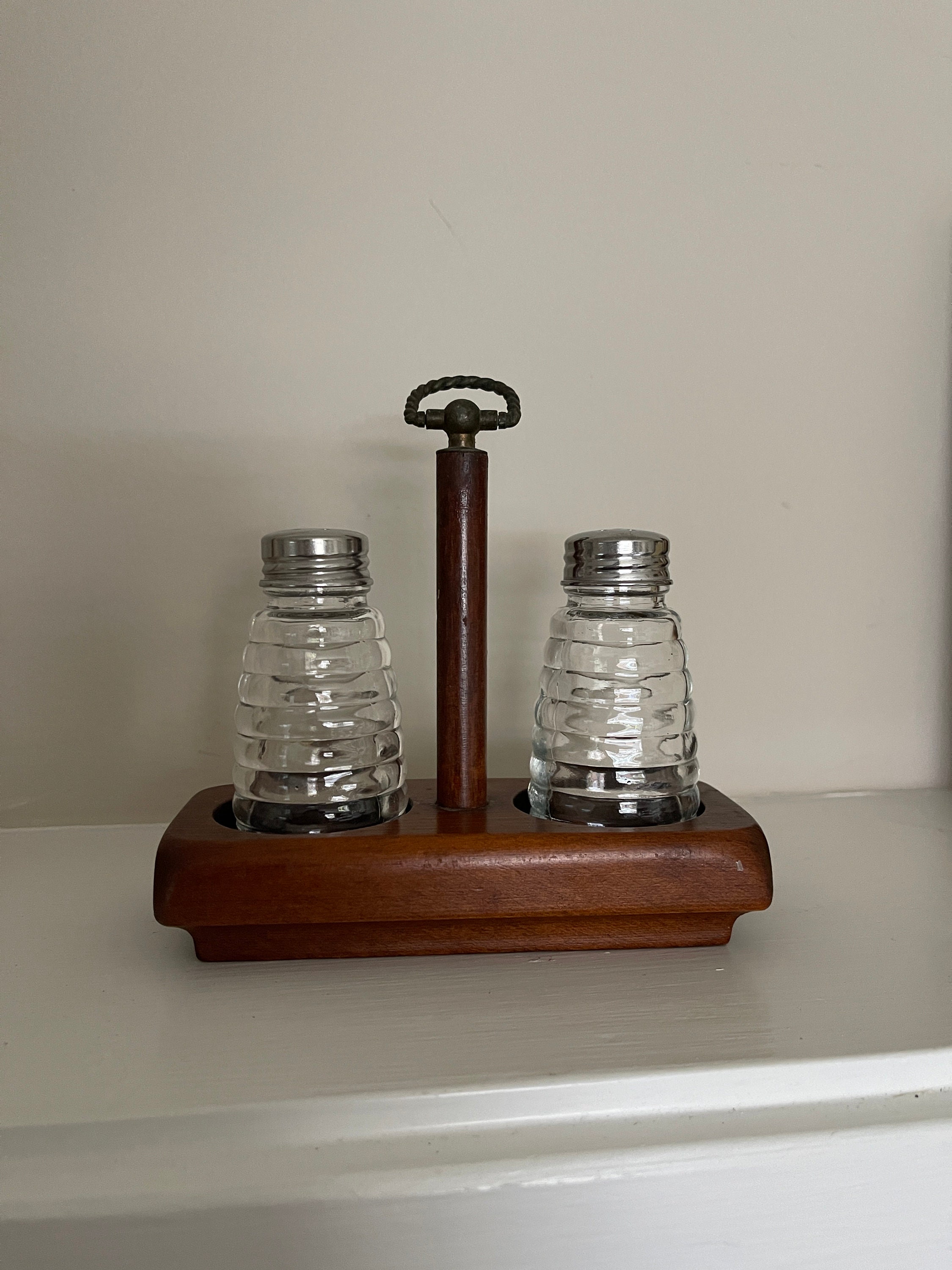 Vintage MCM Wooden Holder With Glass Salt and Pepper Shakers, Wooden ...