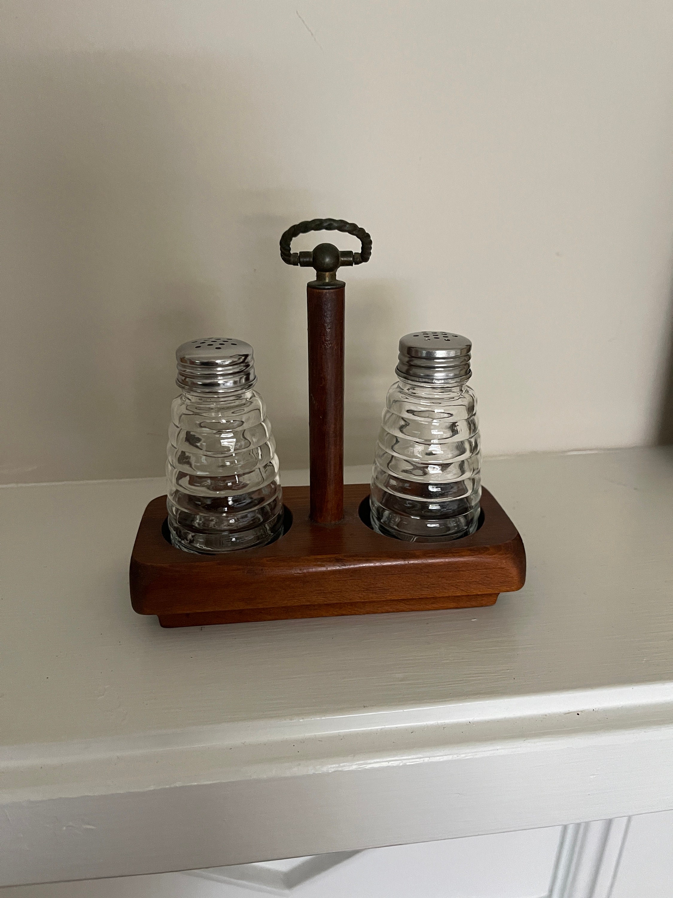 Vintage MCM Wooden Holder With Glass Salt and Pepper Shakers, Wooden ...