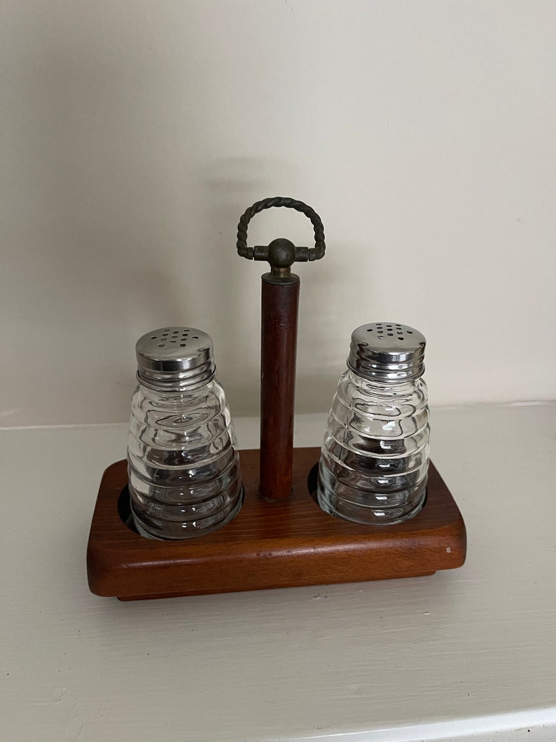 Vintage MCM Wooden Holder With Glass Salt and Pepper Shakers, Wooden ...