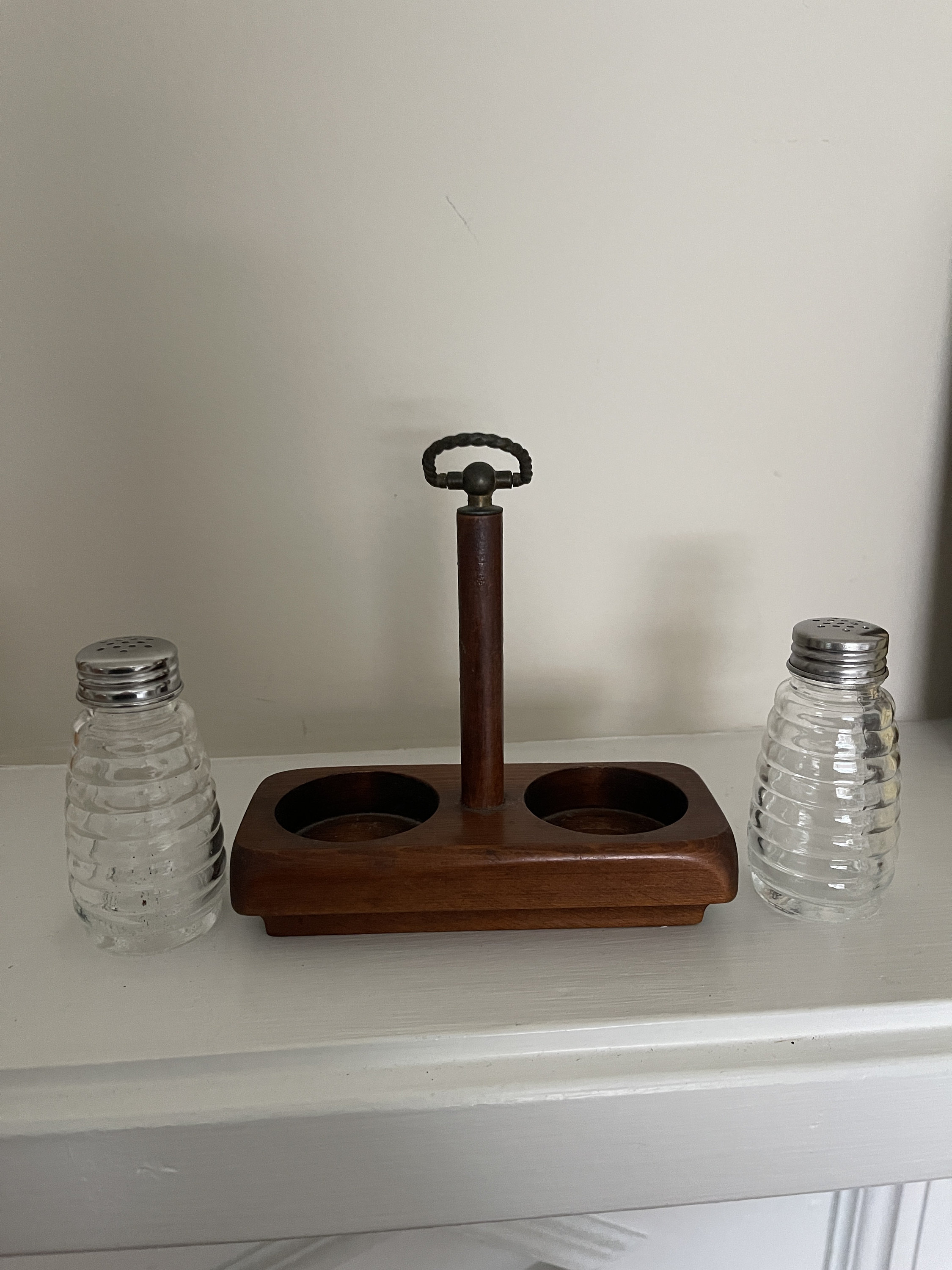 Vintage MCM Wooden Holder With Glass Salt and Pepper Shakers, Wooden ...