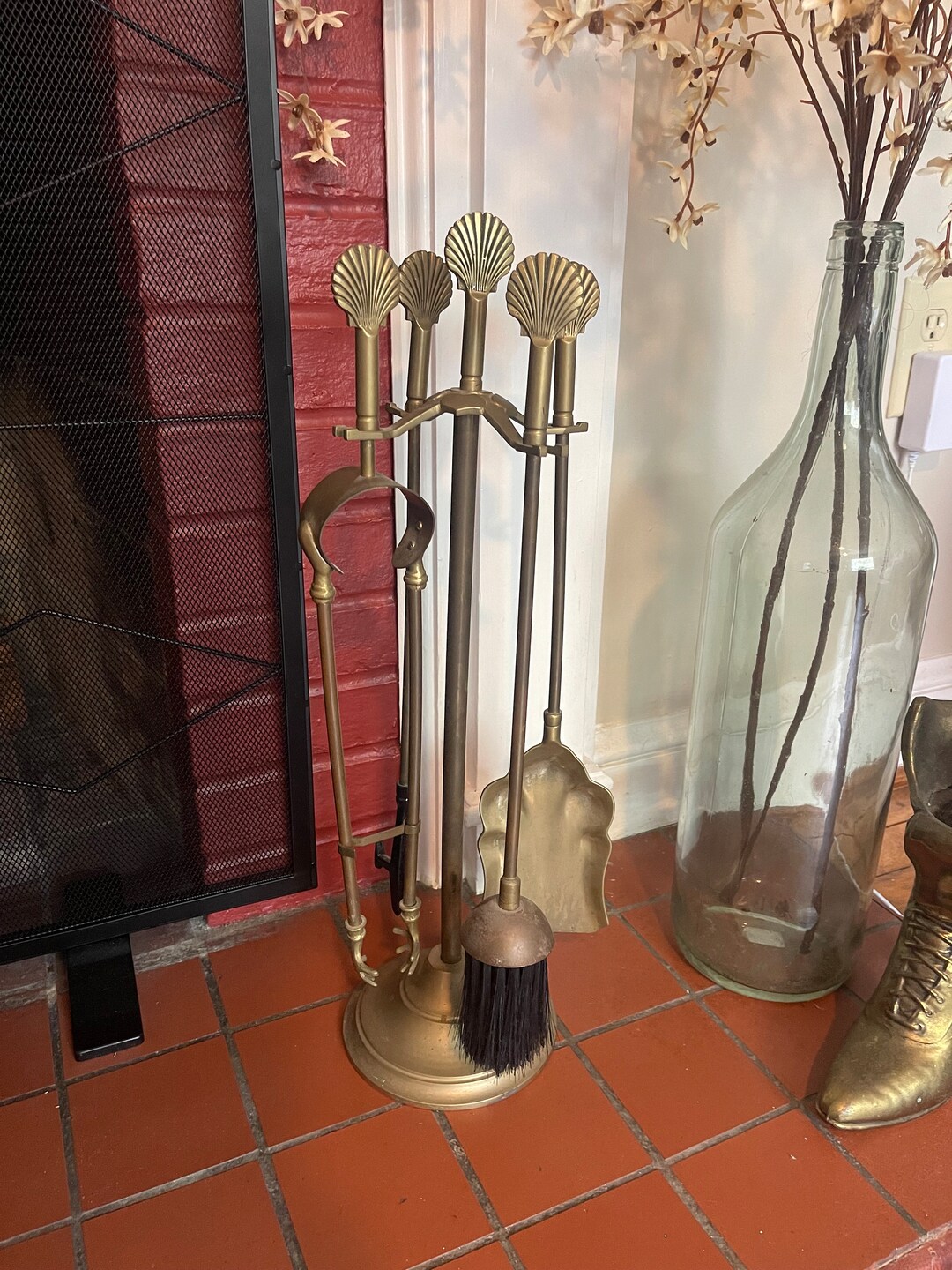 Vintage Mini Coastal Clamshell Handle Solid Brass Fireplace Toolset ...