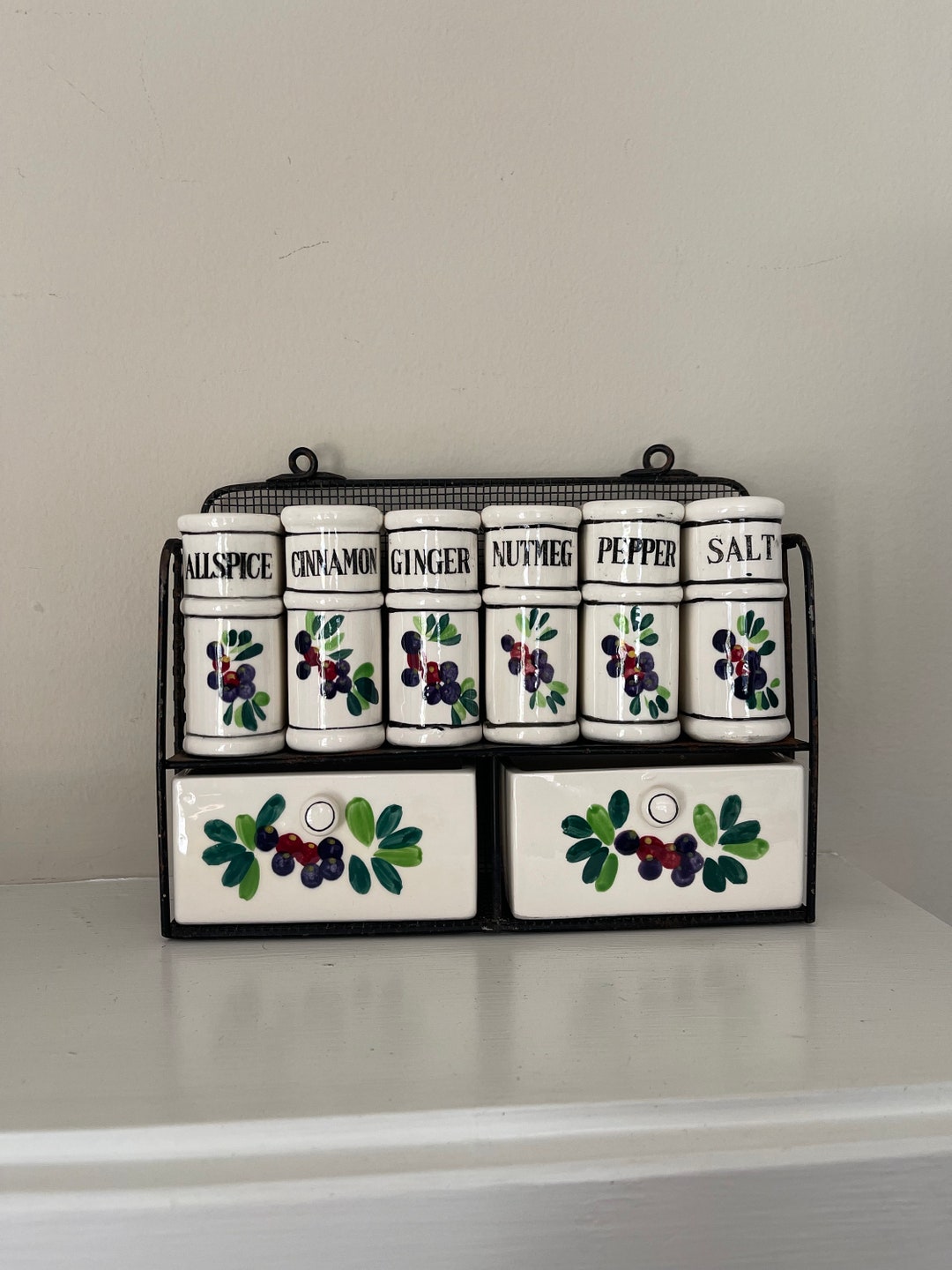 Vintage Ceramic Book Spice Canisters With Metal Shelving, 9 Pc Spice ...
