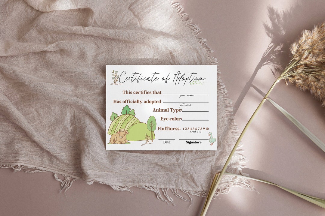 Farm Animal Adoption Certificate Adopt an Animal Barnyard Birthday ...