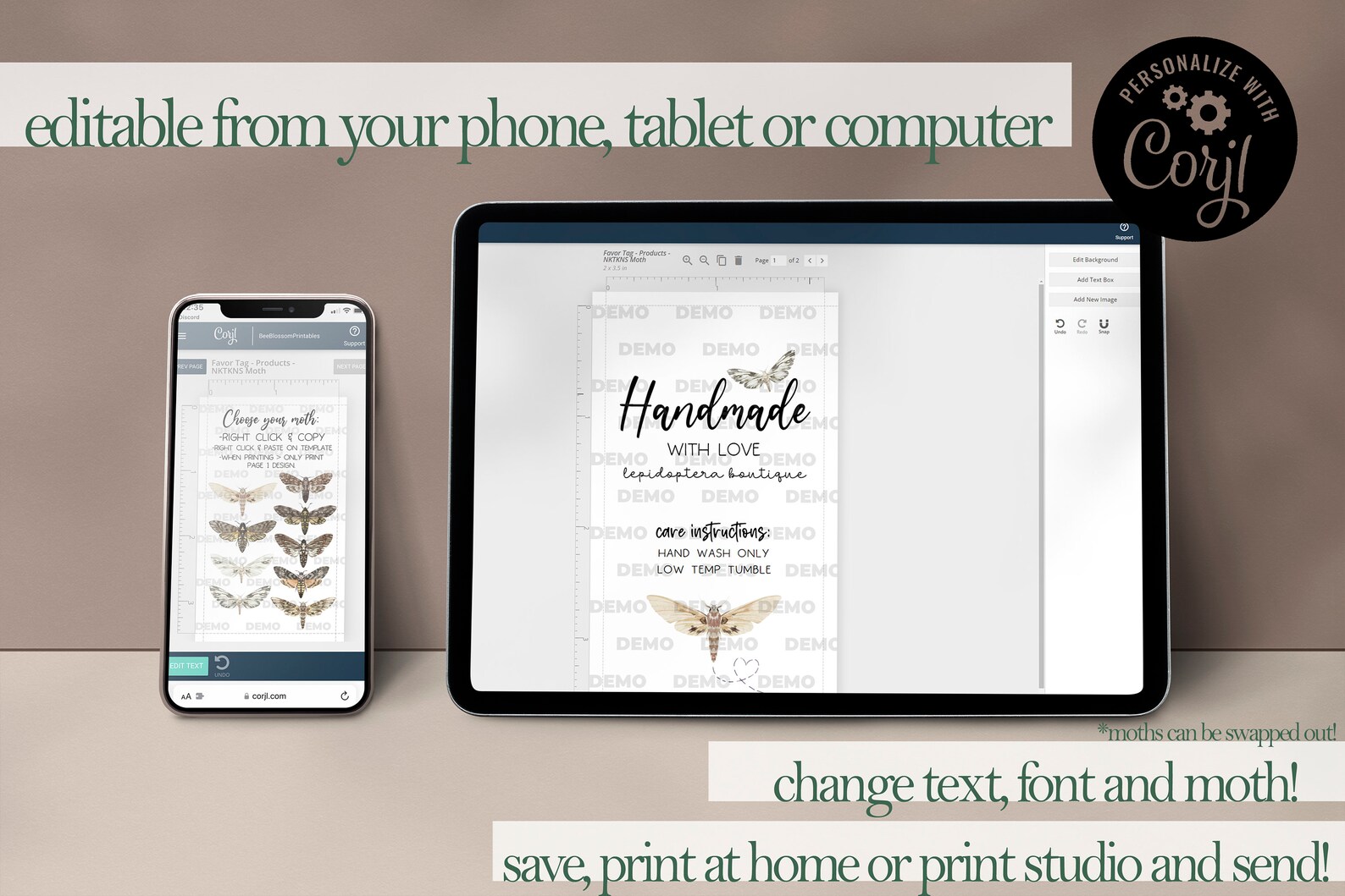 Editable Moth Product Tag Label Custom Care Instructions Tag Editable ...