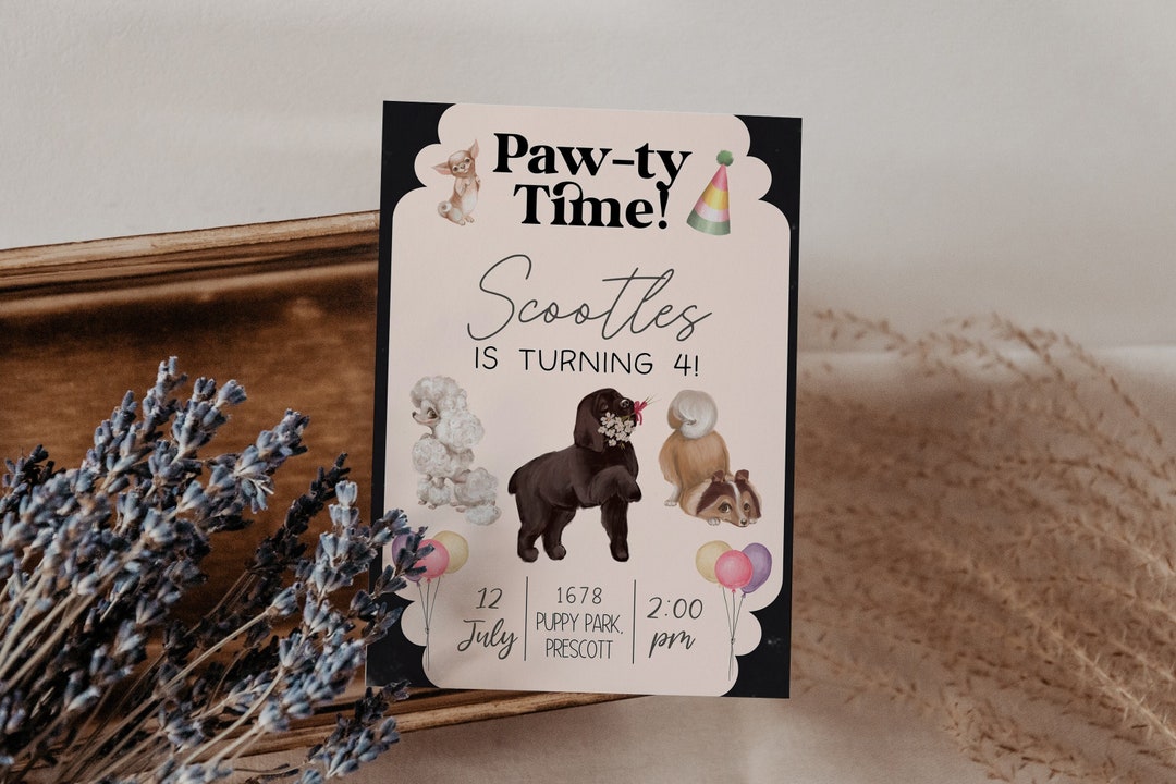 Cute Dog Party Invitation | Dog Birthday Pawty Invite | Dog Birthday ...