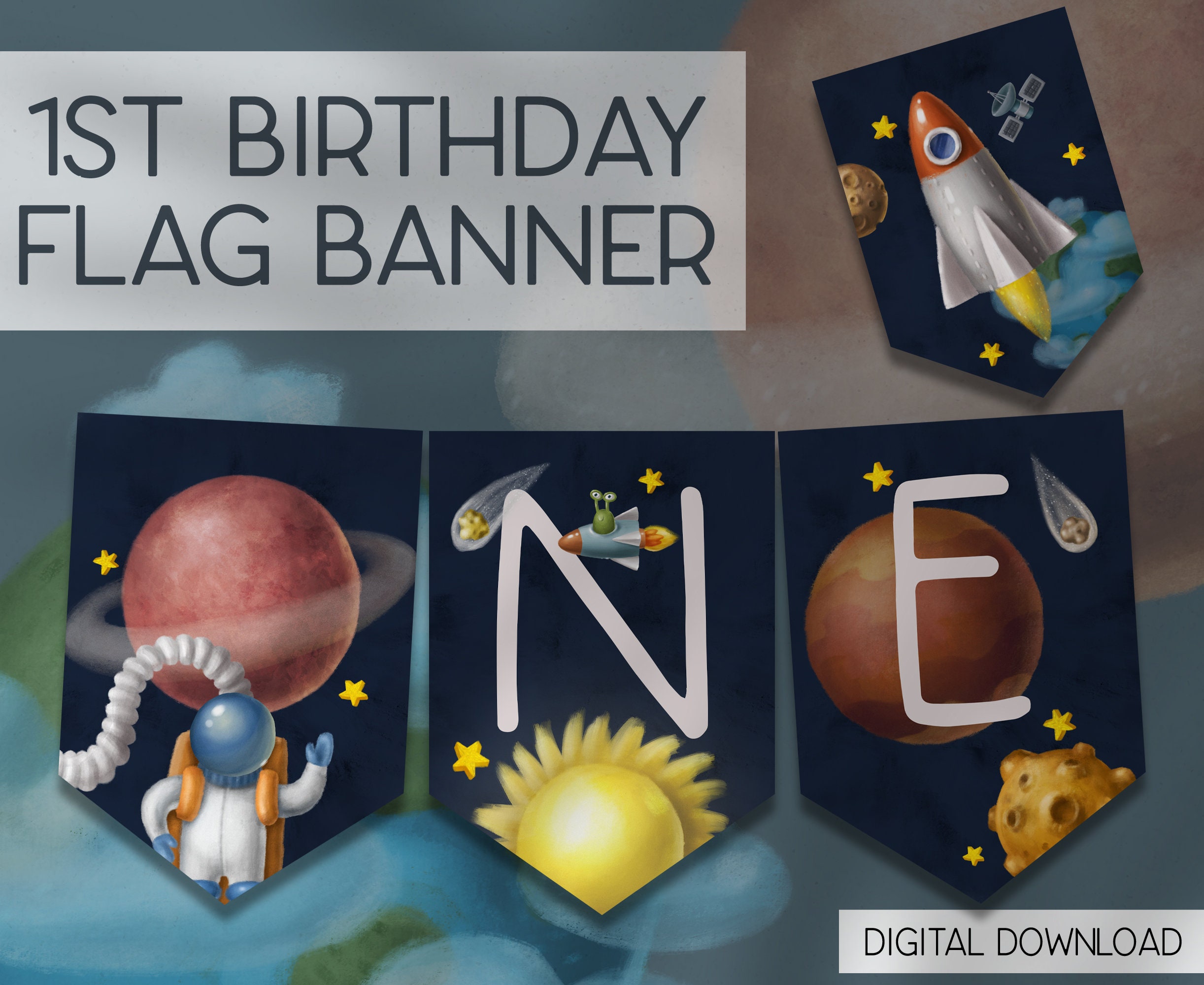 Galaxy Printable High Chair Flag Banner 1st Birthday Planet Bunting ...