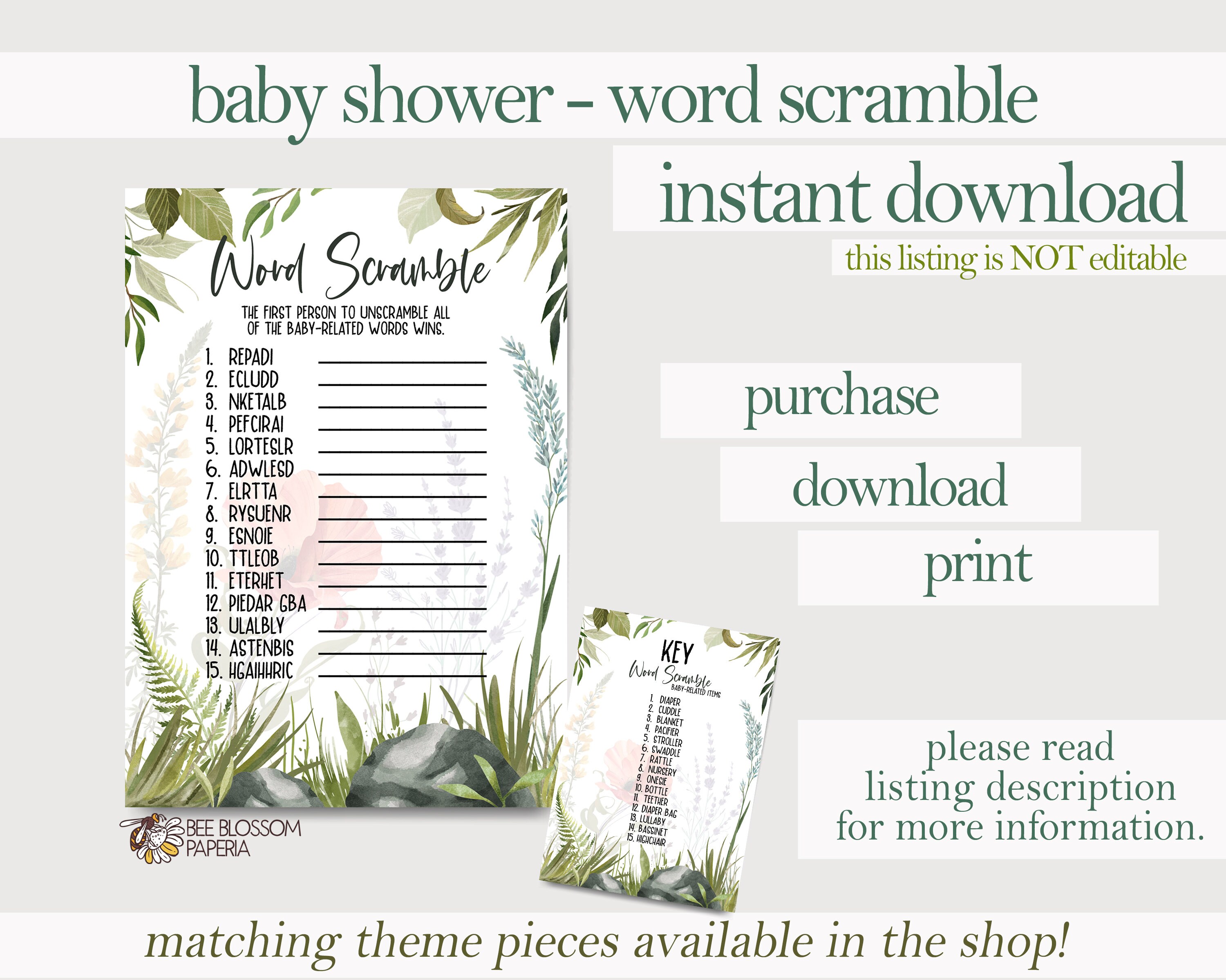 Baby Shower Word Scramble Game Wildflowers Baby Shower Activities ...