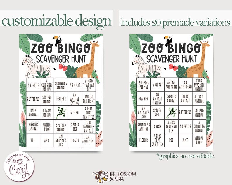 Zoo Scavenger Hunt Bingo Game Tropical Animal Birthday Party Tropic ...