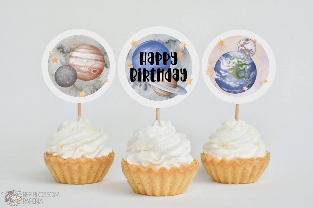 8 Outer Space Cupcake Toppers Planets Birthday Decor Galaxy Toppers ...