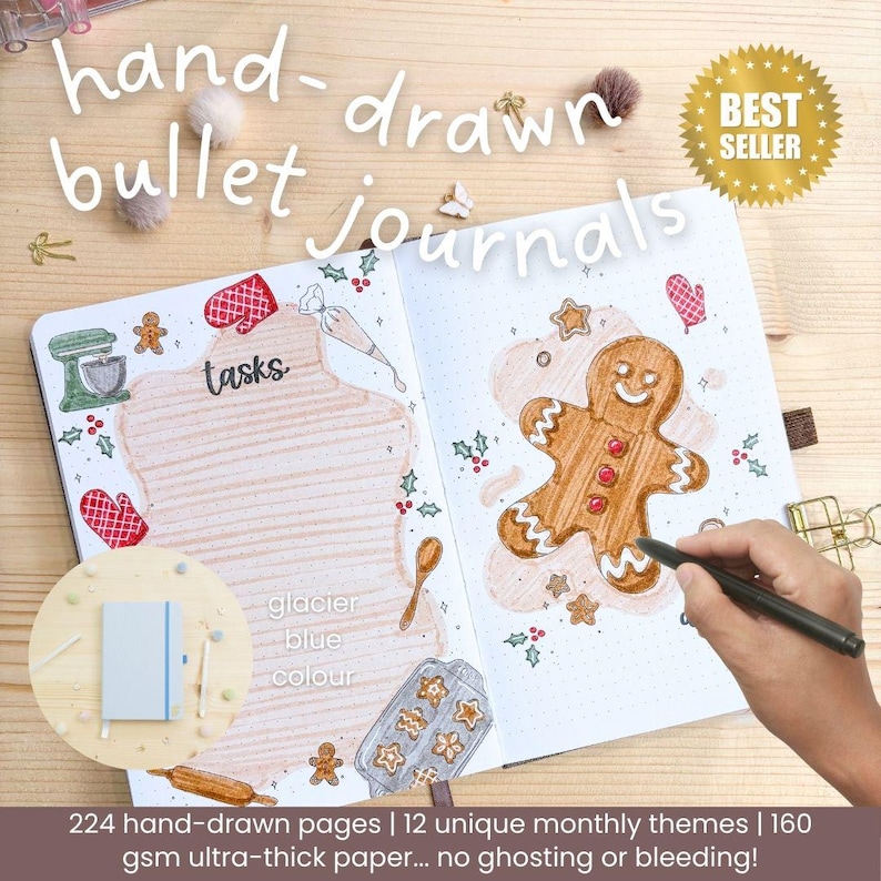 Pre-made Bullet-journal GLACIER | Hand-drawn Undated Bujo Planner, 160 ...