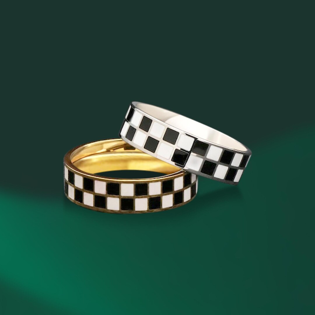 6mm Black & White Checkerboard Rings Simple Couple Band Wedding Band Thick Band Ring Couple Ring ...
