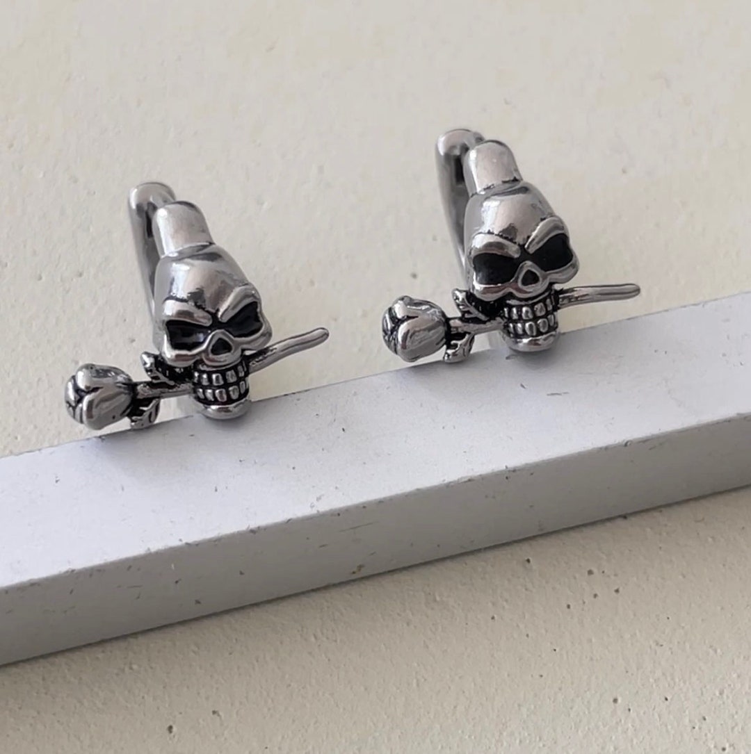 Goth Skull Hoop Earrings - Titanium Skulls and Romantic Rose ...