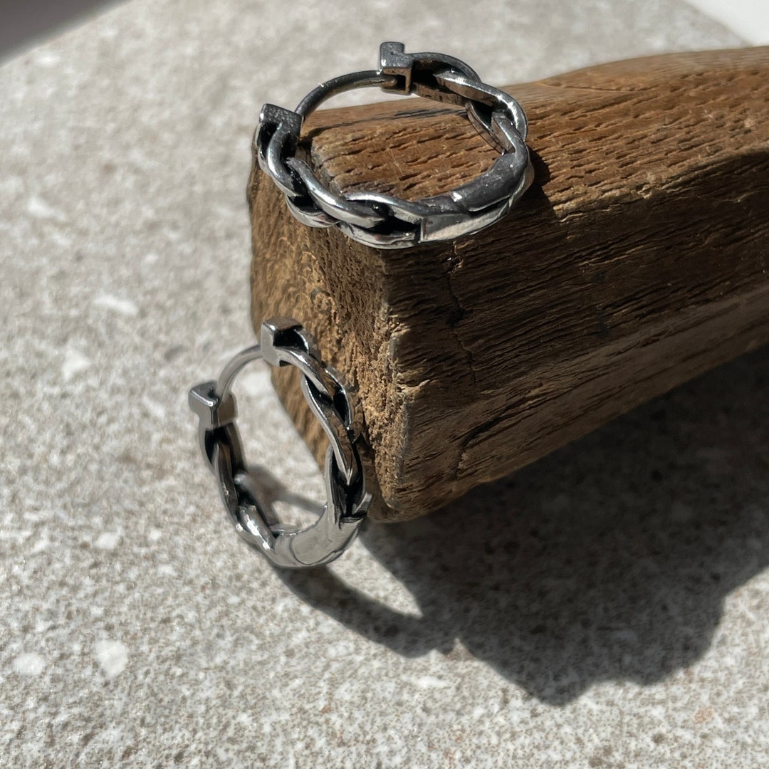 Viking Mjolnir Hoop Earrings Braided Hoops Titanium Steel Hoops for Men ...