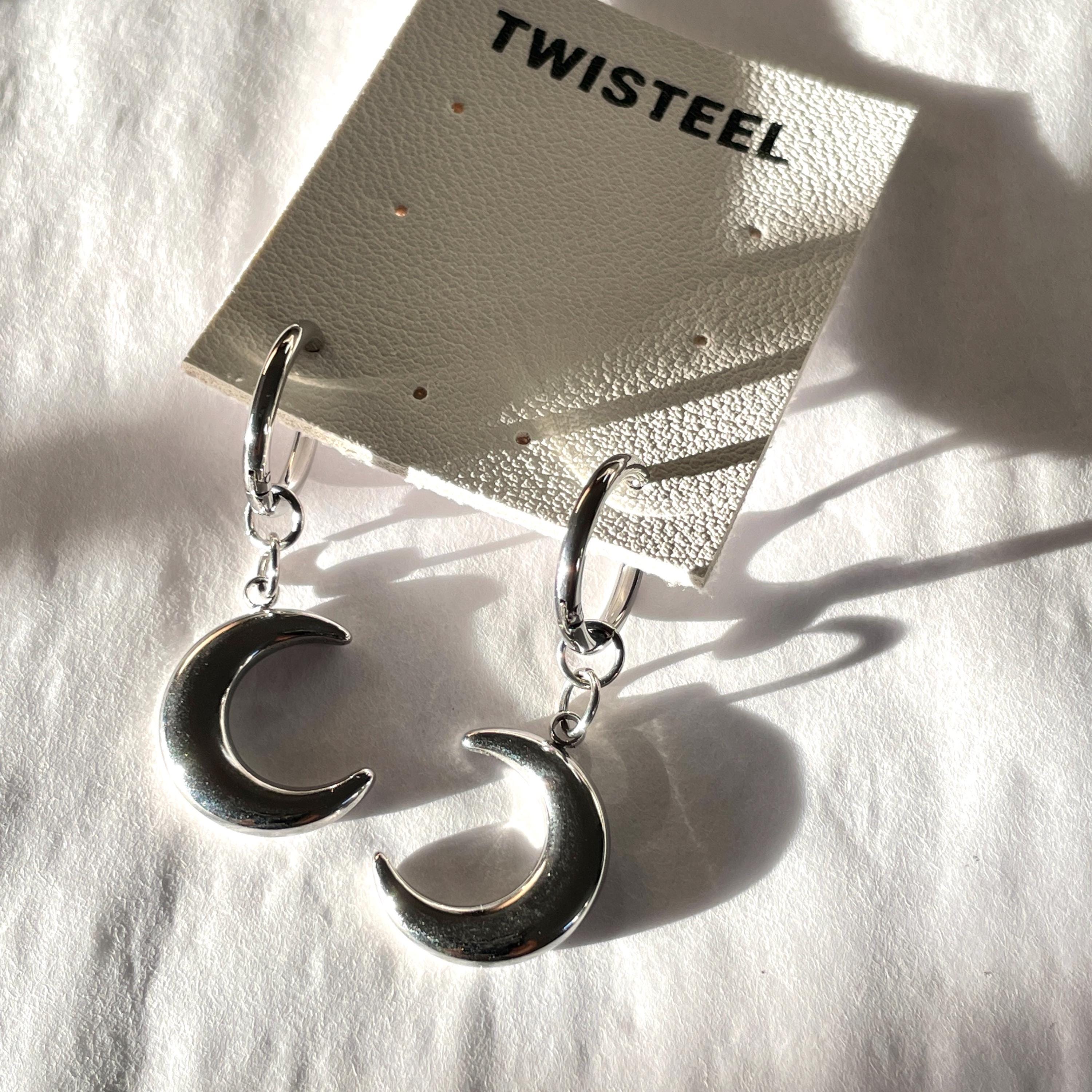 Half Moon Dangle Hoop Earrings - Stainless Steel Earrings - Silver Moon ...