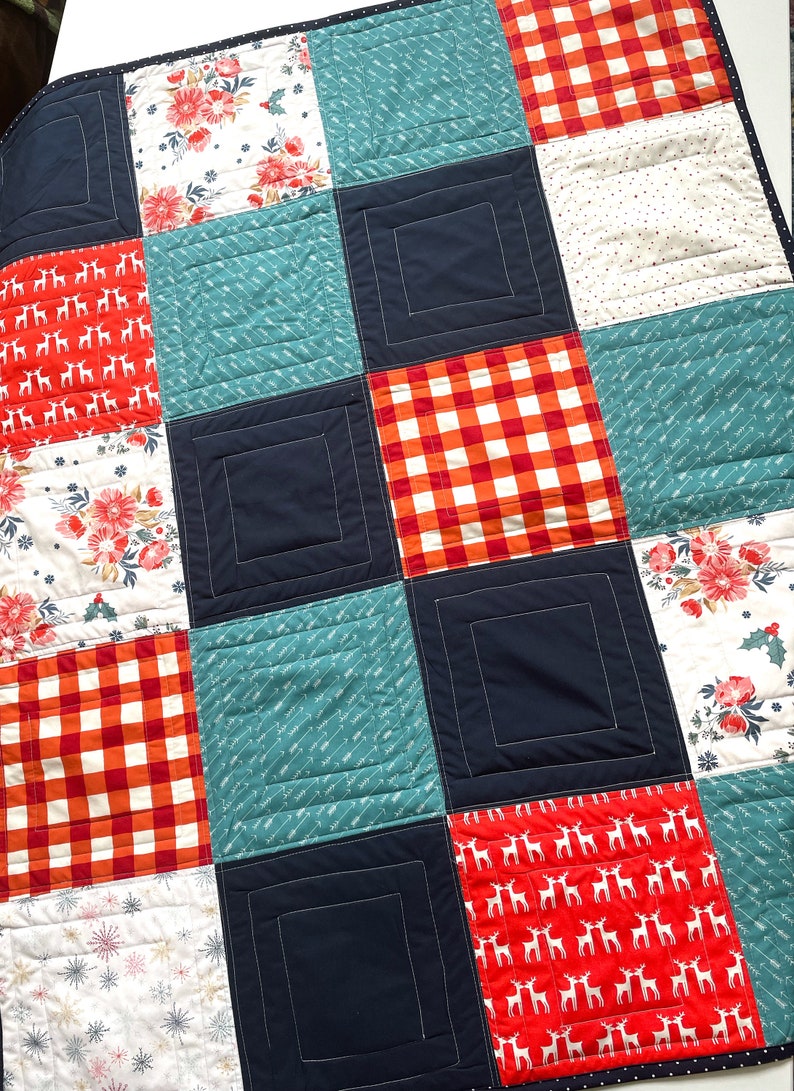 Modern Holiday Baby Quilt: Red, Teal, Navy Cotton Nursery Decor - Etsy UK
