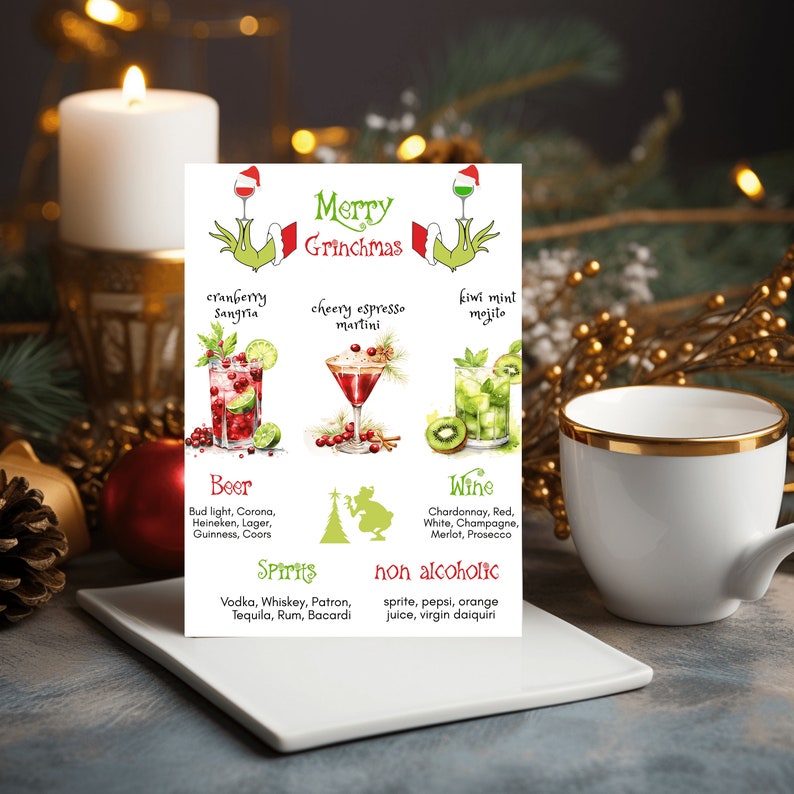 Feliz Grinchmas Menú de cócteles navideños Grinch editable Barra de ...