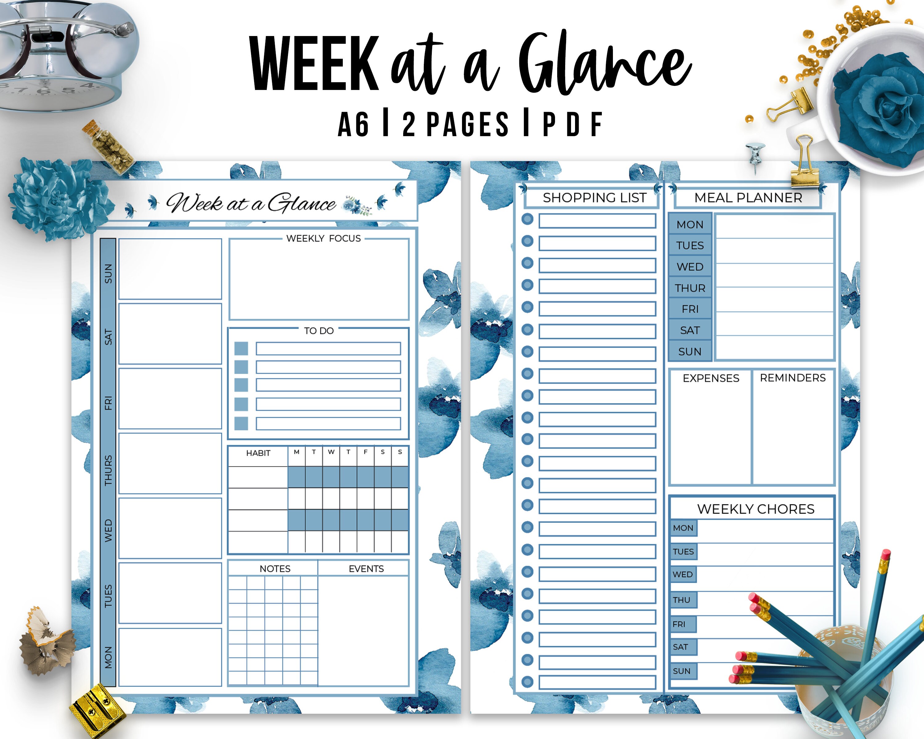 A6 Week at a Glance Planner Printable Floral Design Weekly Focus Agenda ...