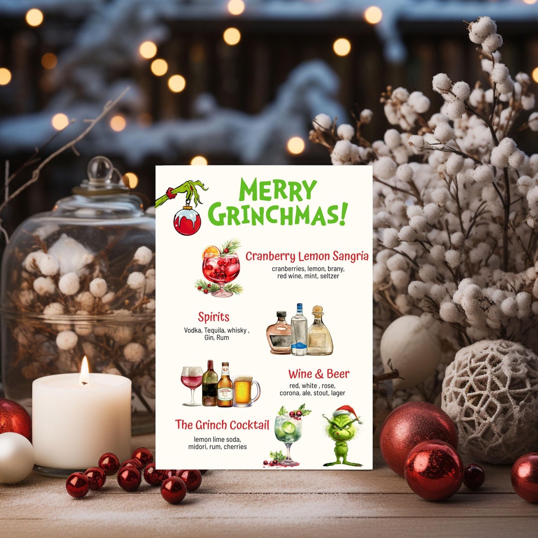 Grinch Christmas Cocktail Menu Template Editable Christmas Party Bar ...