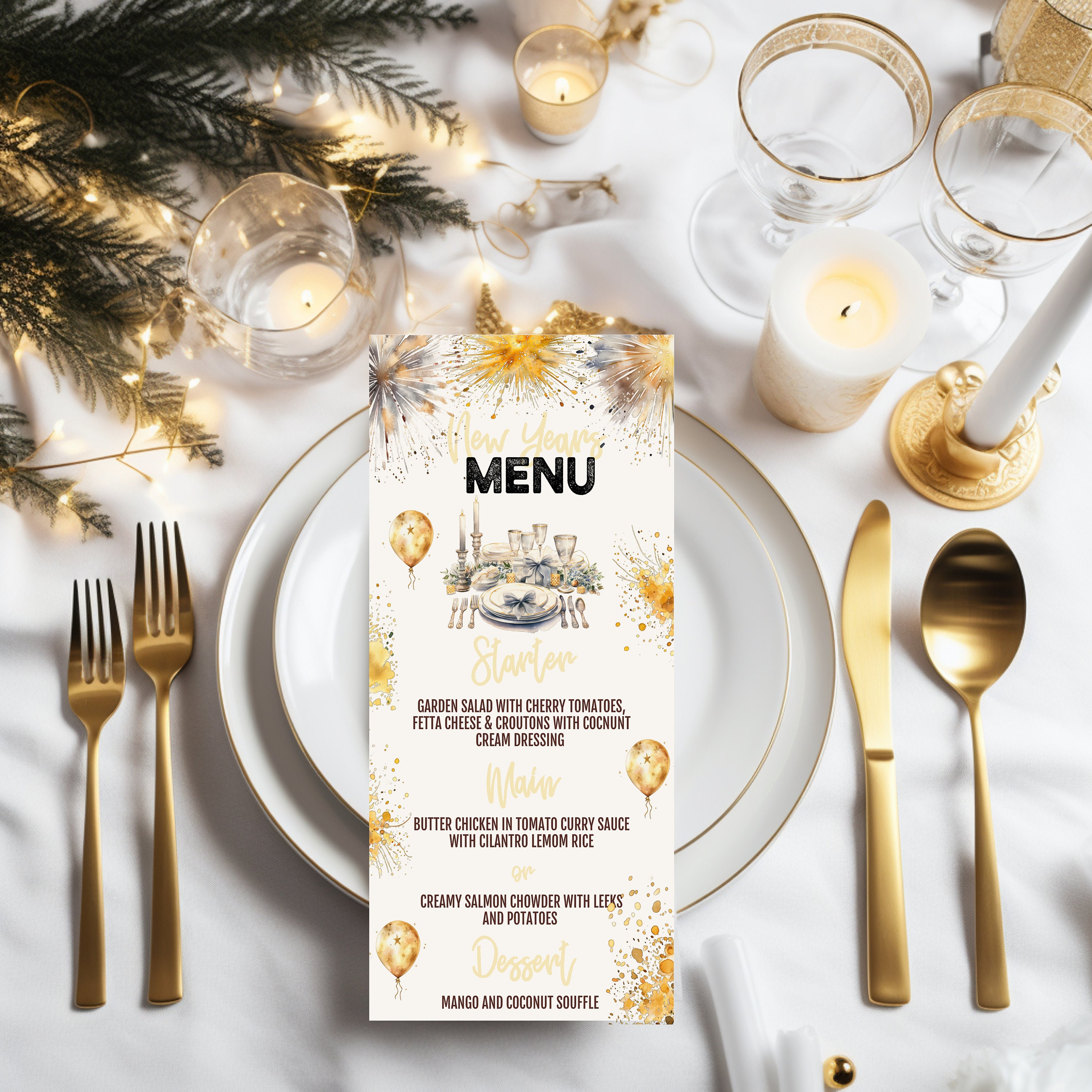New Year's Party Menu Card Editable New Year's Eve Menu Template ...