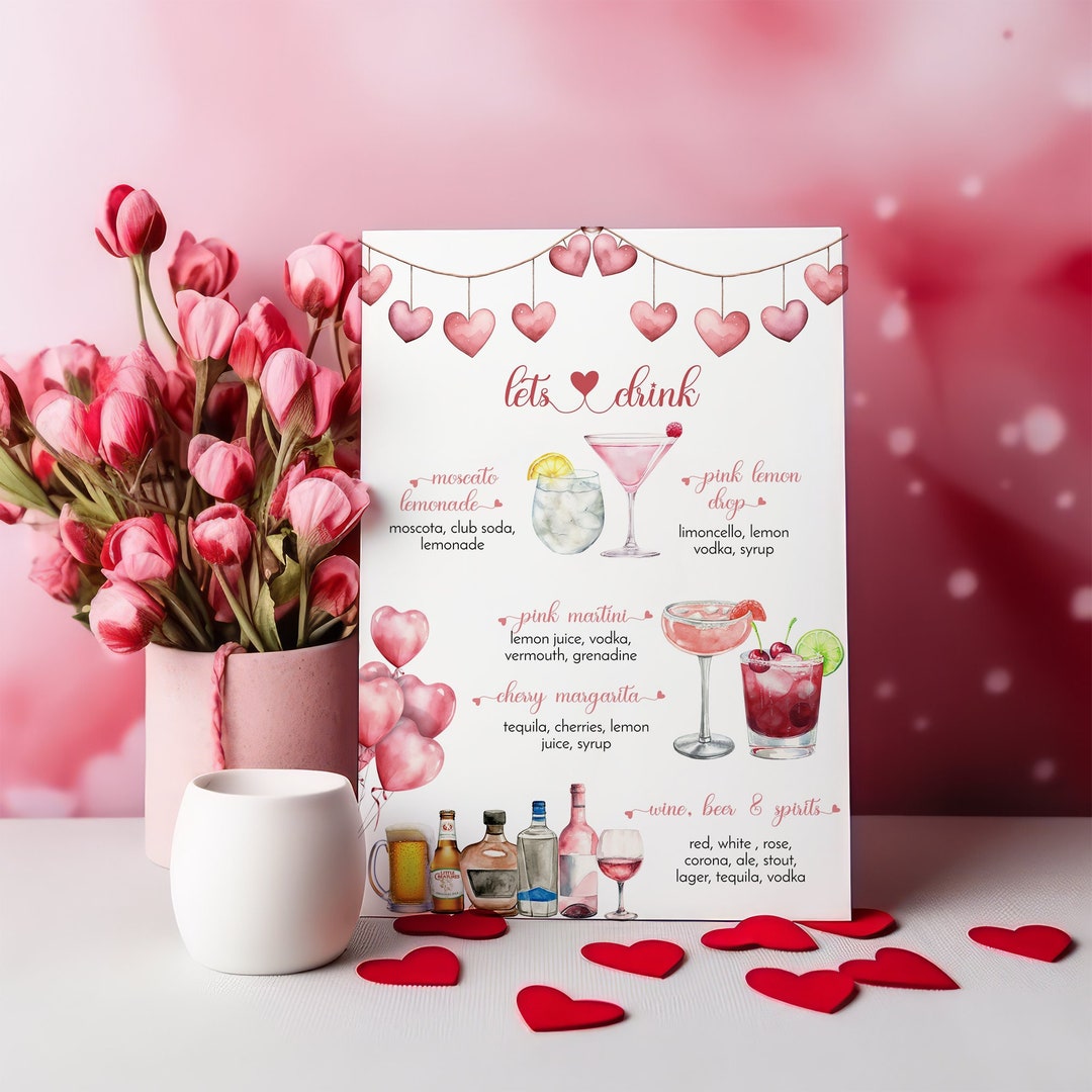Valentine's Day Cocktail Menu Template Editable Valentine Wedding Drink ...