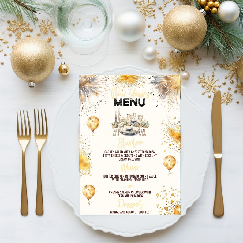 New Year's Party Menu Card Editable New Year's Eve Menu Template ...