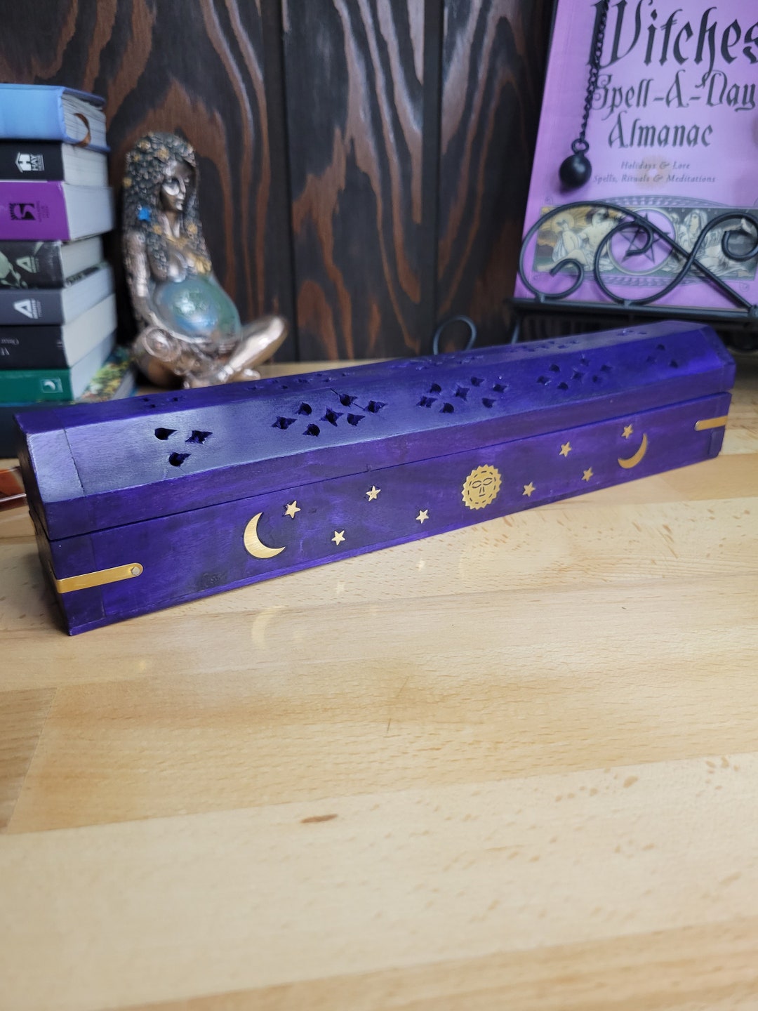 Purple Celestial Wooden Incense Burner Box Triple Moon, Incense Storage ...